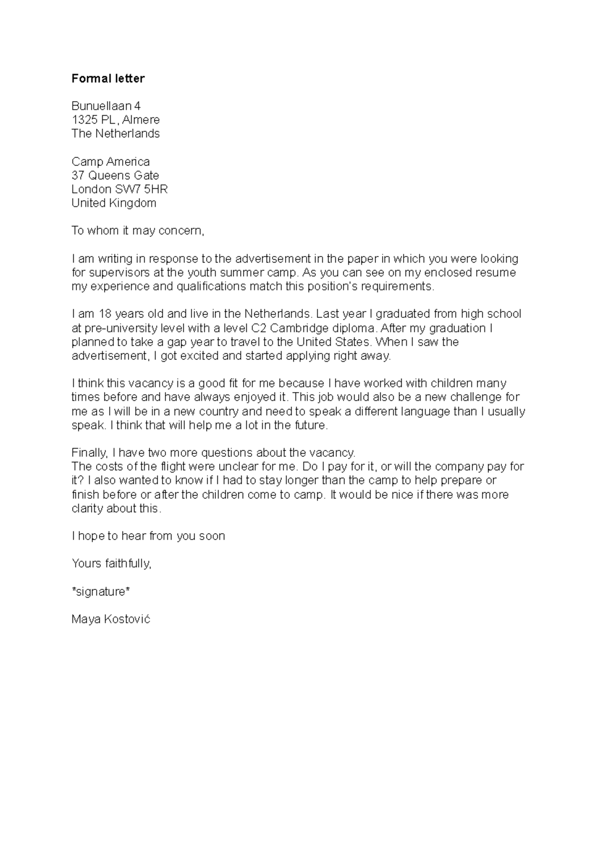 formal letter / formele brief engels - Formal letter Bunuellaan 4 1325 ...