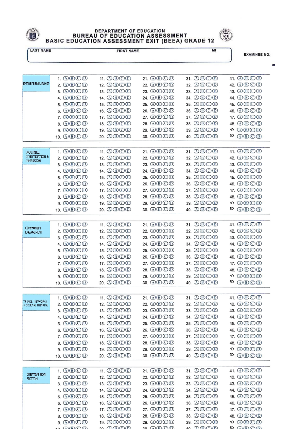 BEEA Grade 12 Answer Sheets for Entrepreneurship & Community Engagement ...
