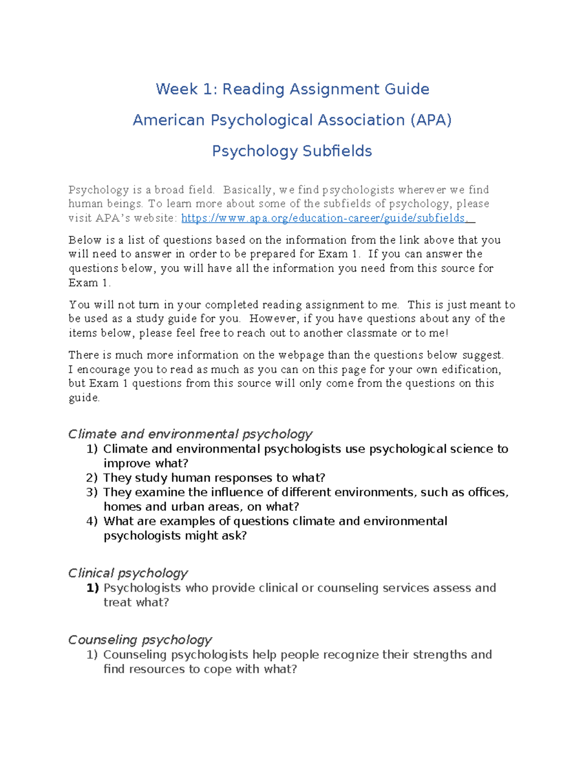 Week 1: APA Reading Assignment Guide for Psychology Subfields - Studocu