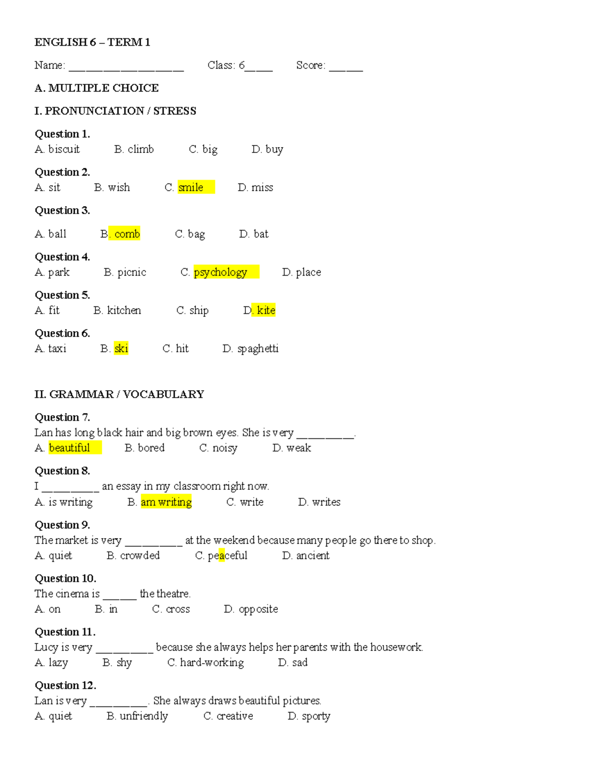 ENGLISH 6 TERM 1 MULTIPLE CHOICE & WRITING PRACTICE - Studocu