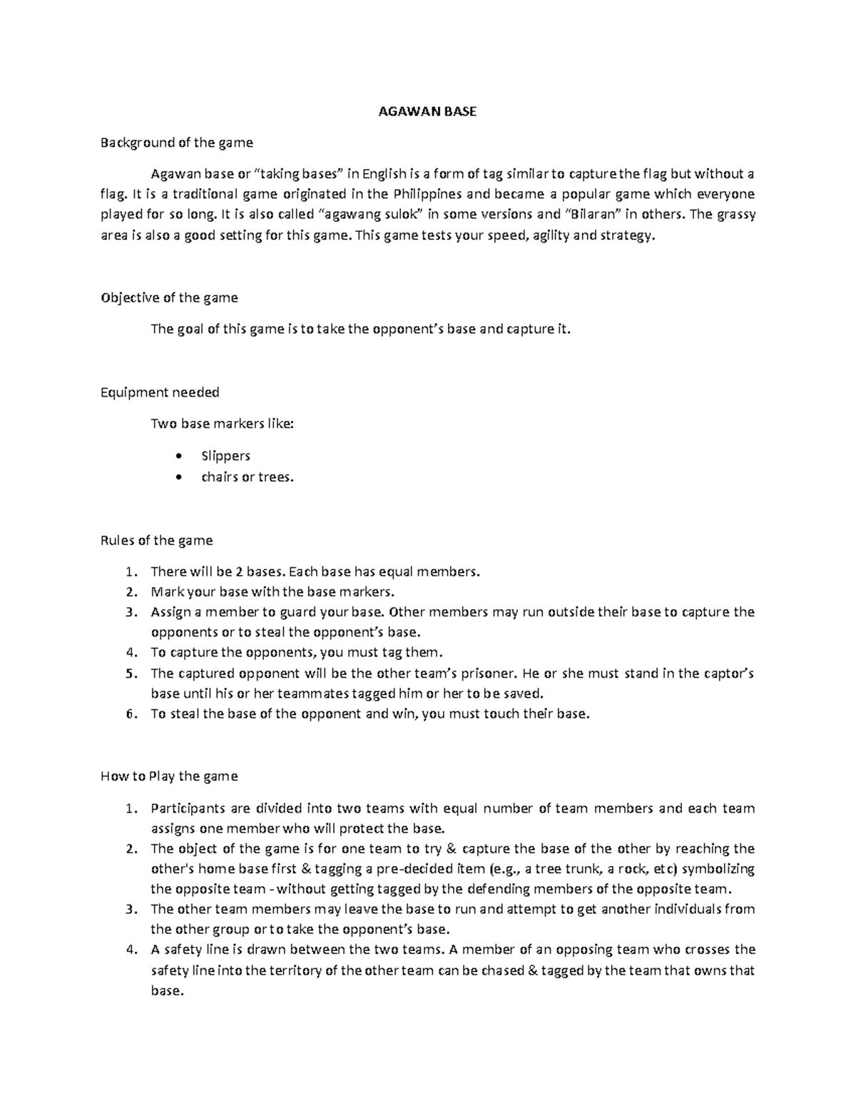 PE Finals-4-5: Mechanics and Rules of Agawan Base (Laro ng Lahi) - Studocu
