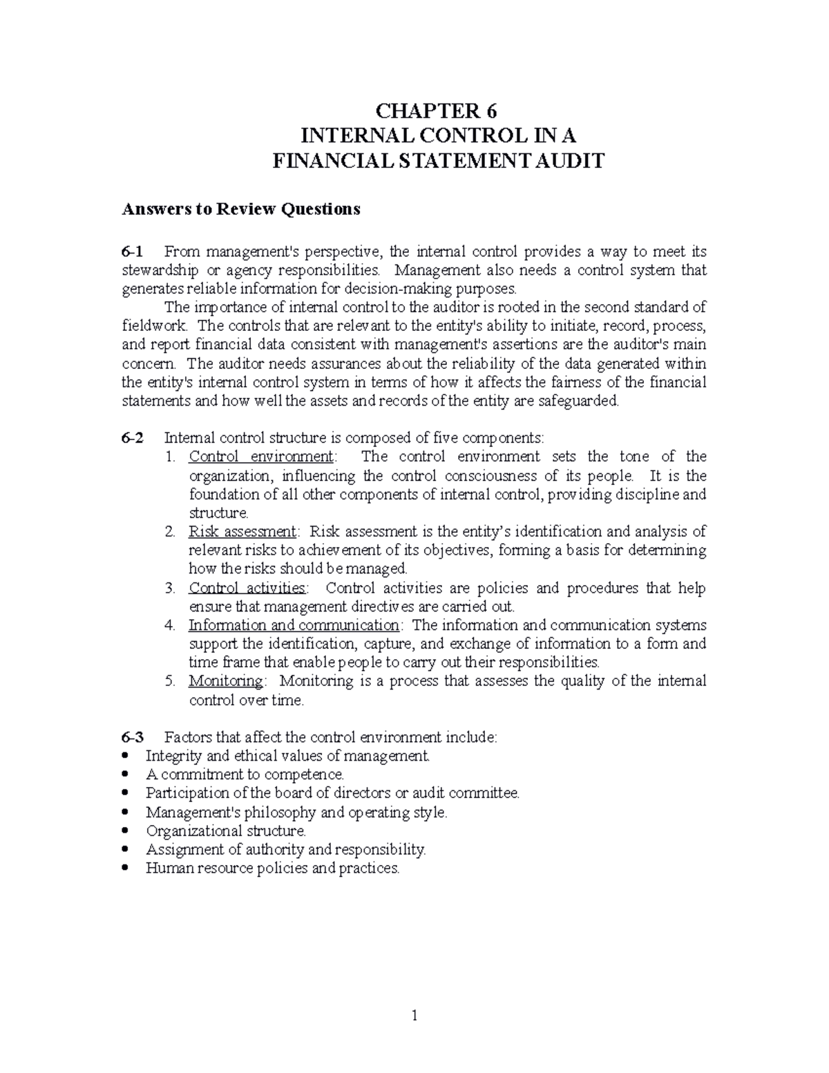 Chapter 6 - Chap 6 - CHAPTER 6 INTERNAL CONTROL IN A FINANCIAL STATEMENT AUDIT Answers to Review ...
