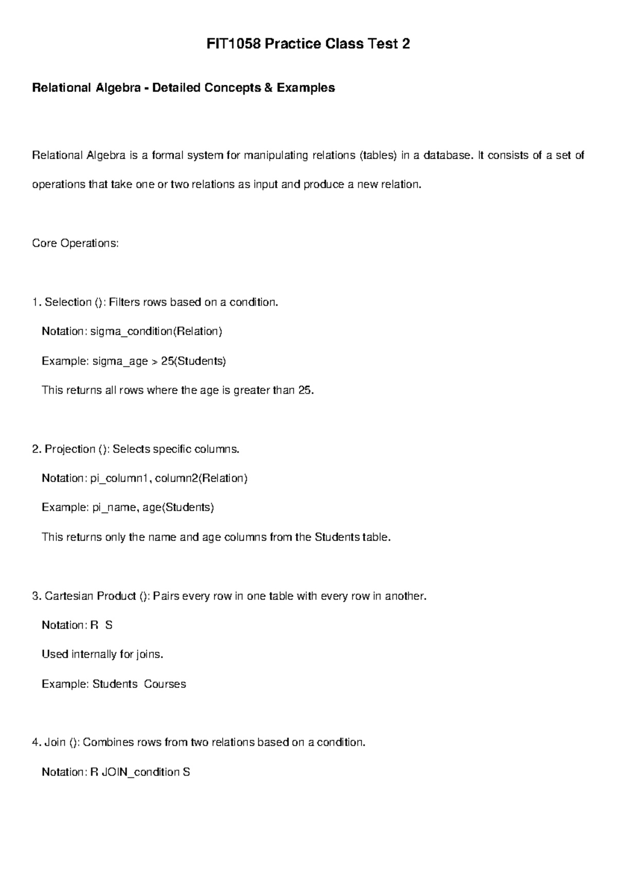 FIT2094 Notes - Relational Algebra - Detailed Concepts & Examples ...