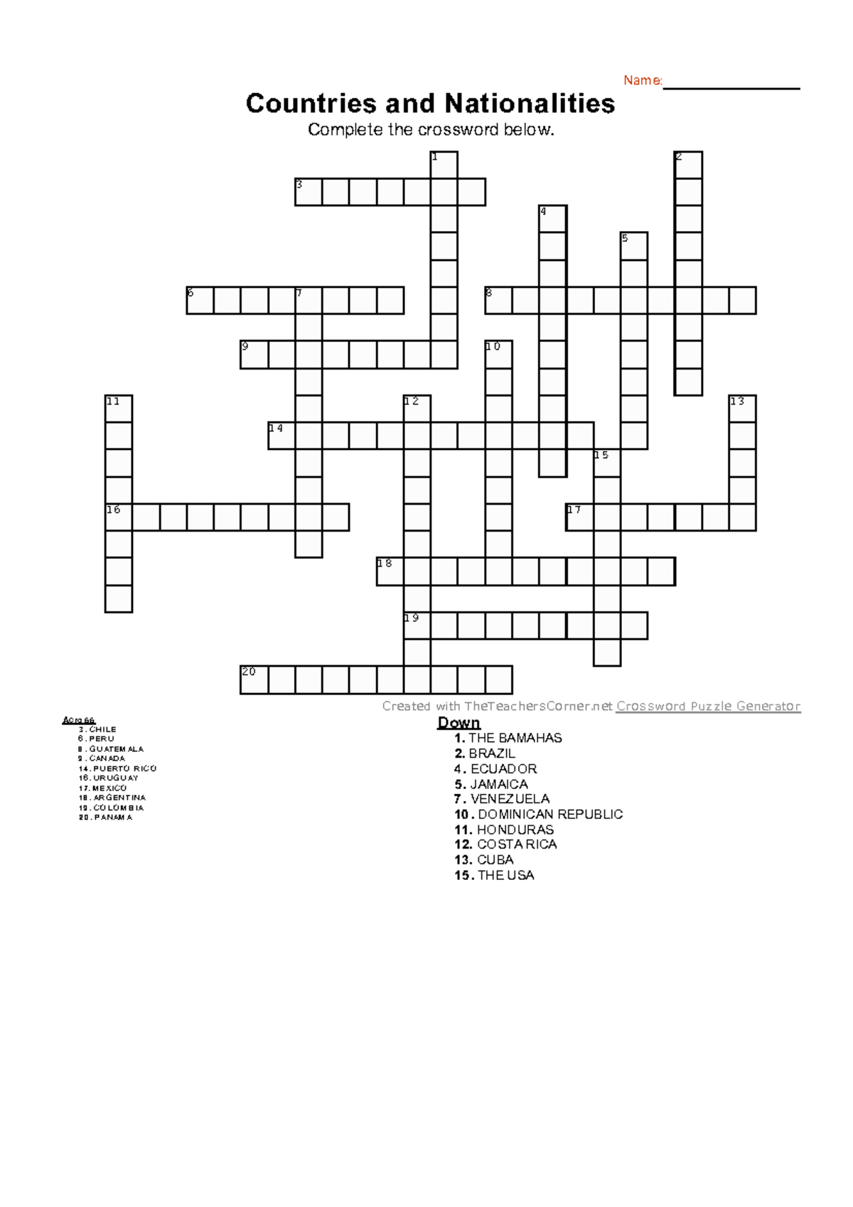 A1 UNIT 1: Countries and Nationalities Crossword Puzzle - Studocu