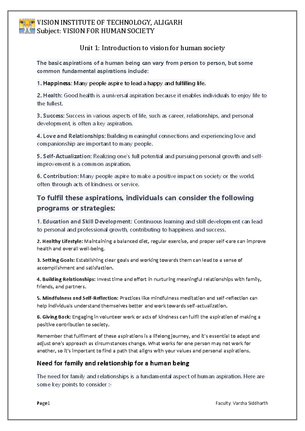 1827- unit-1 - Vision of human values notes - Subject: VISION FOR HUMAN ...