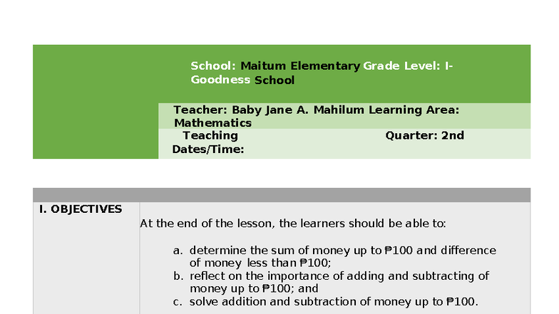 MATH 2nd Quarter Final Lesson Plan on Addition & Subtraction of Money ...