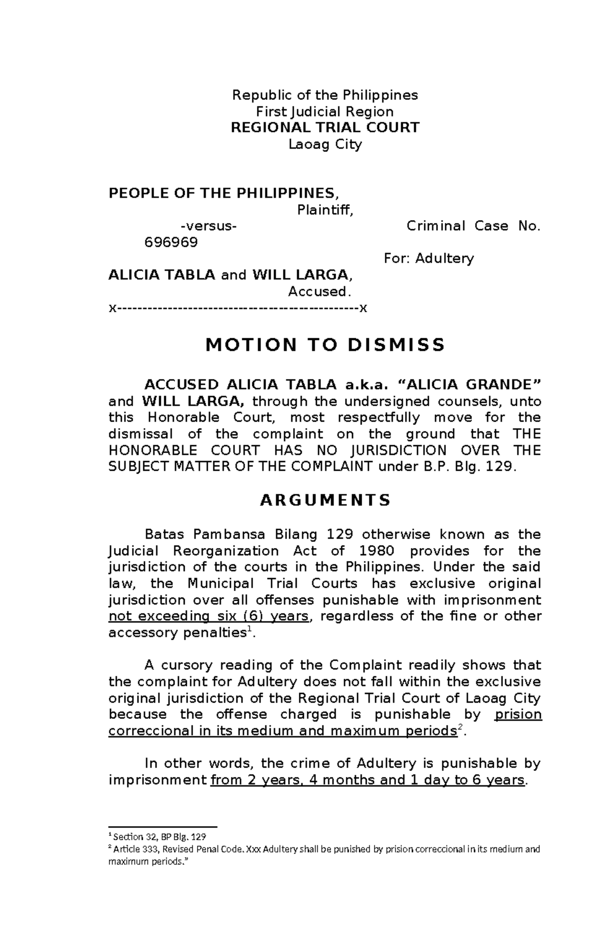 Motion to Dismiss - Criminal Case No. 696969 (Adultery) - Studocu