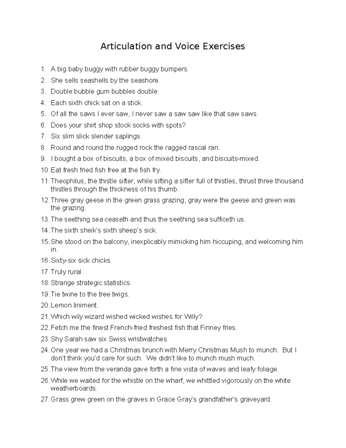 Articulation and Voice Exercises: Tongue Twisters Practice - Studocu