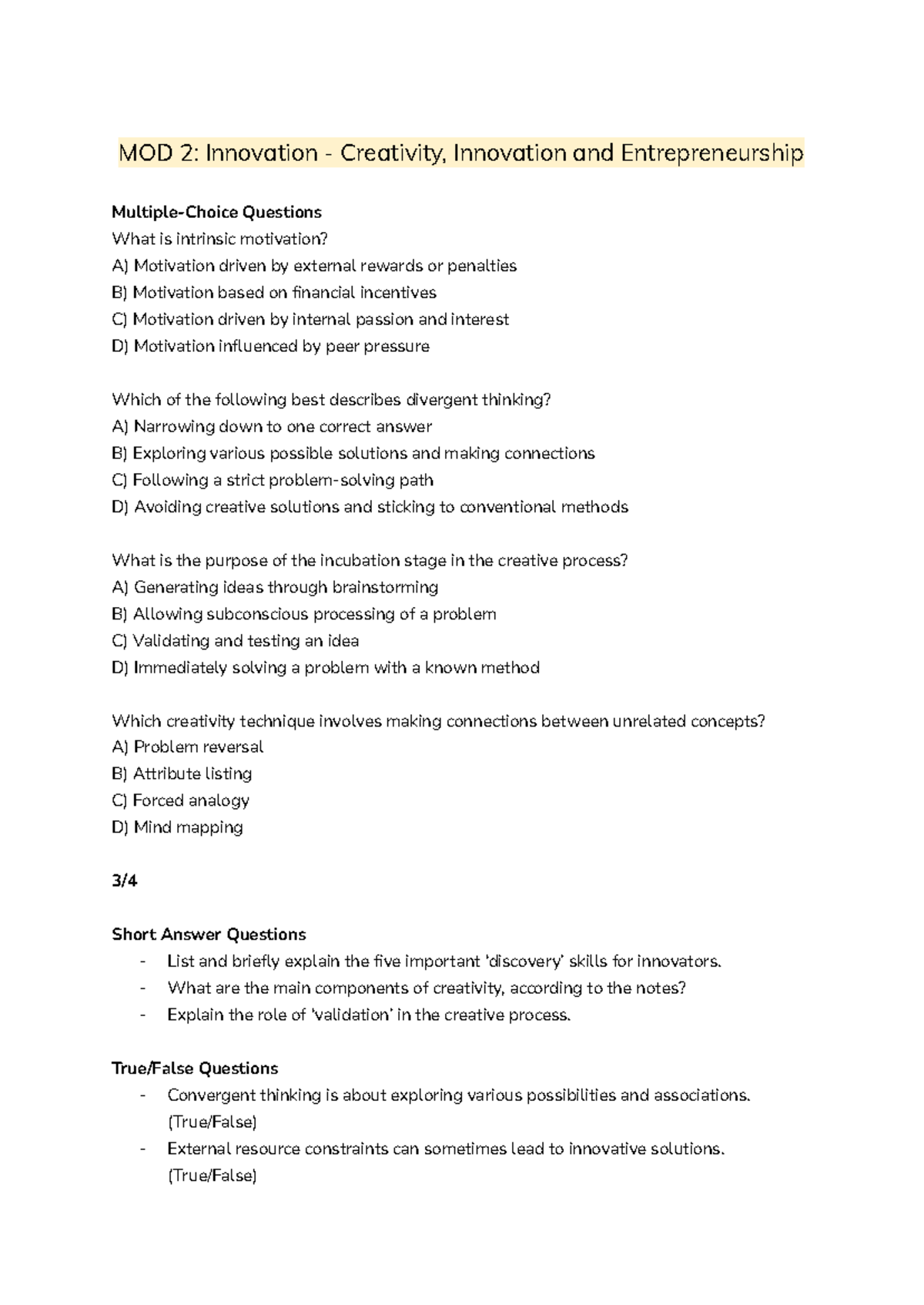 MOD 2 Innovation - Creativity, Innovation and Entrepreneurship - MOD 2 ...