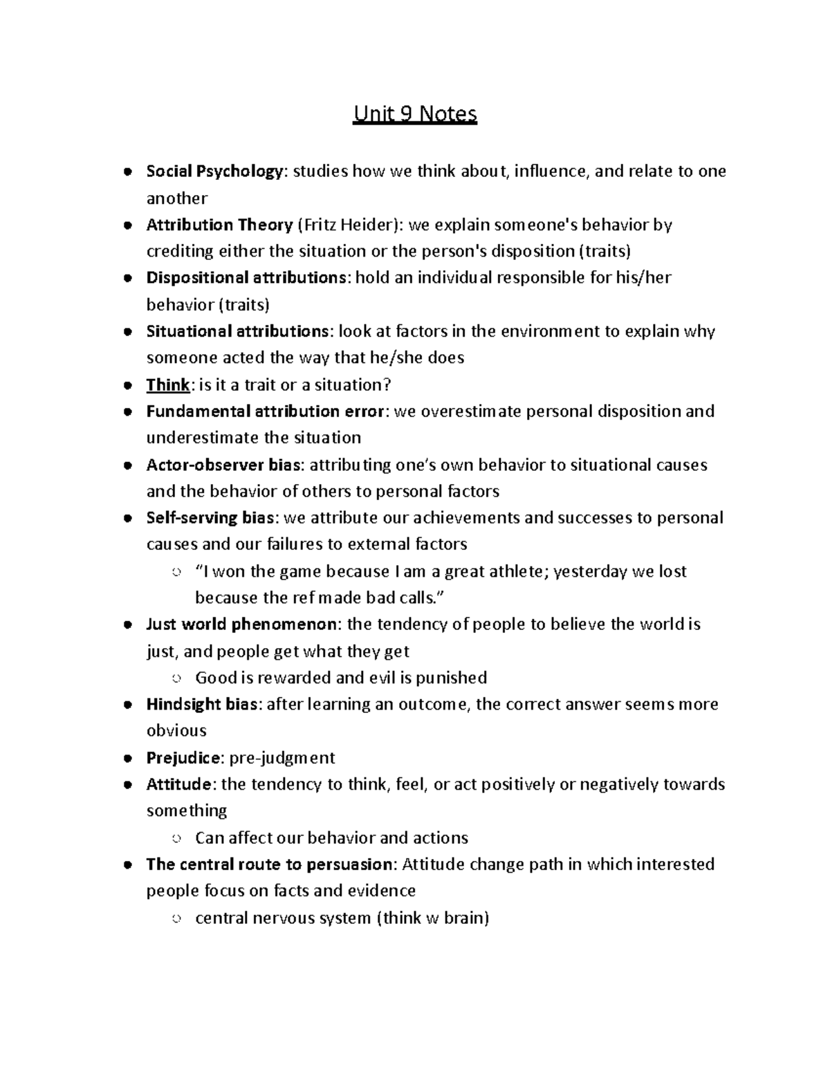 PSY 101 Unit 9 Social Psychology Concepts and Theories Notes - Studocu