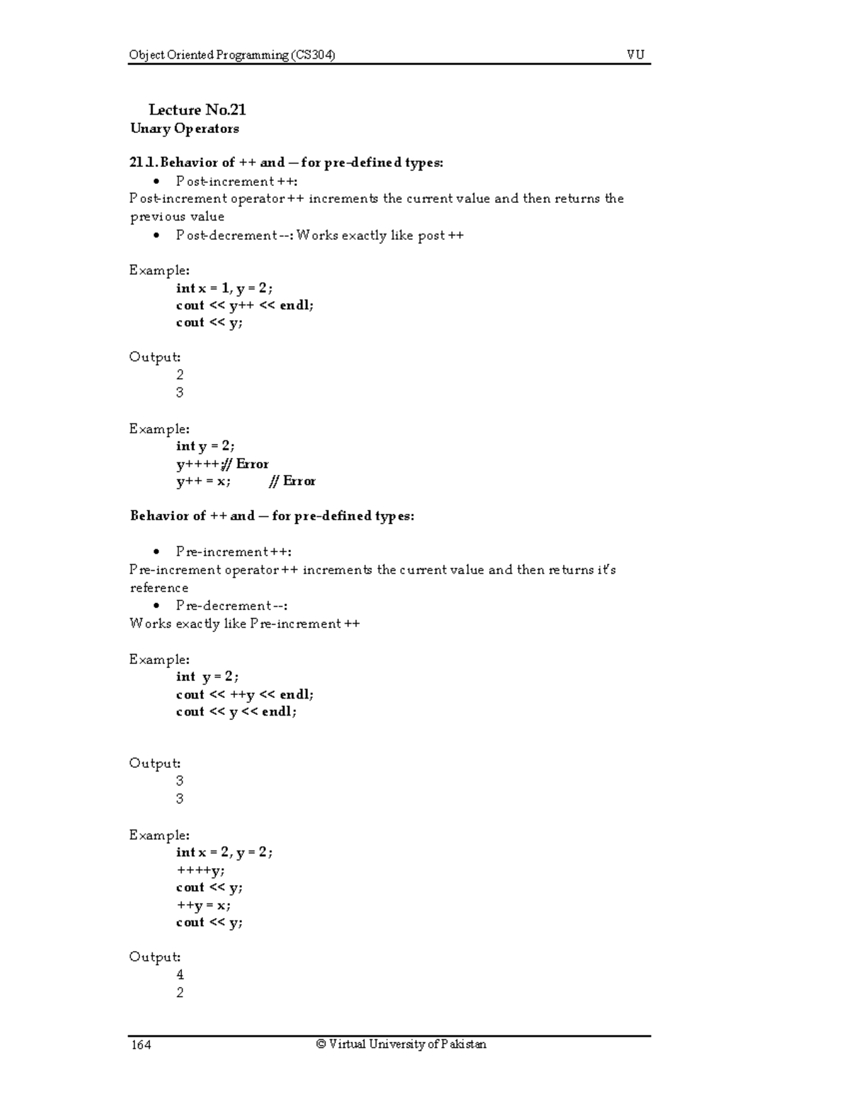 CS304 Object Oriented Programming Lecture 21: Unary Operators Explained - Studocu