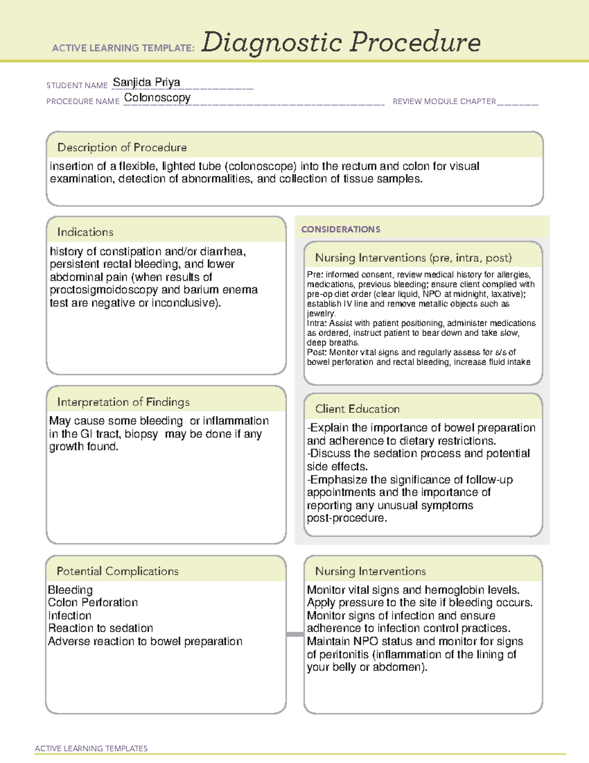 Colonoscopy Diagnostic Procedure Template for Active Learning - Studocu