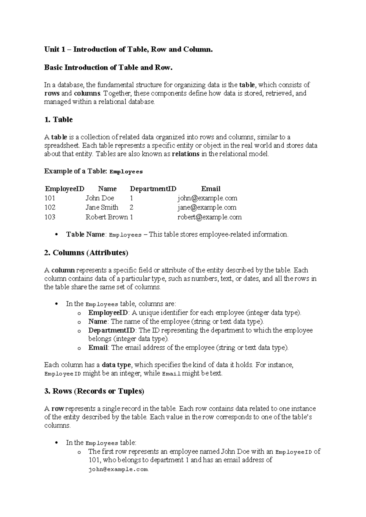 Unit 1: Intro to Tables, Rows, and Columns in Databases (L1 Notes ...