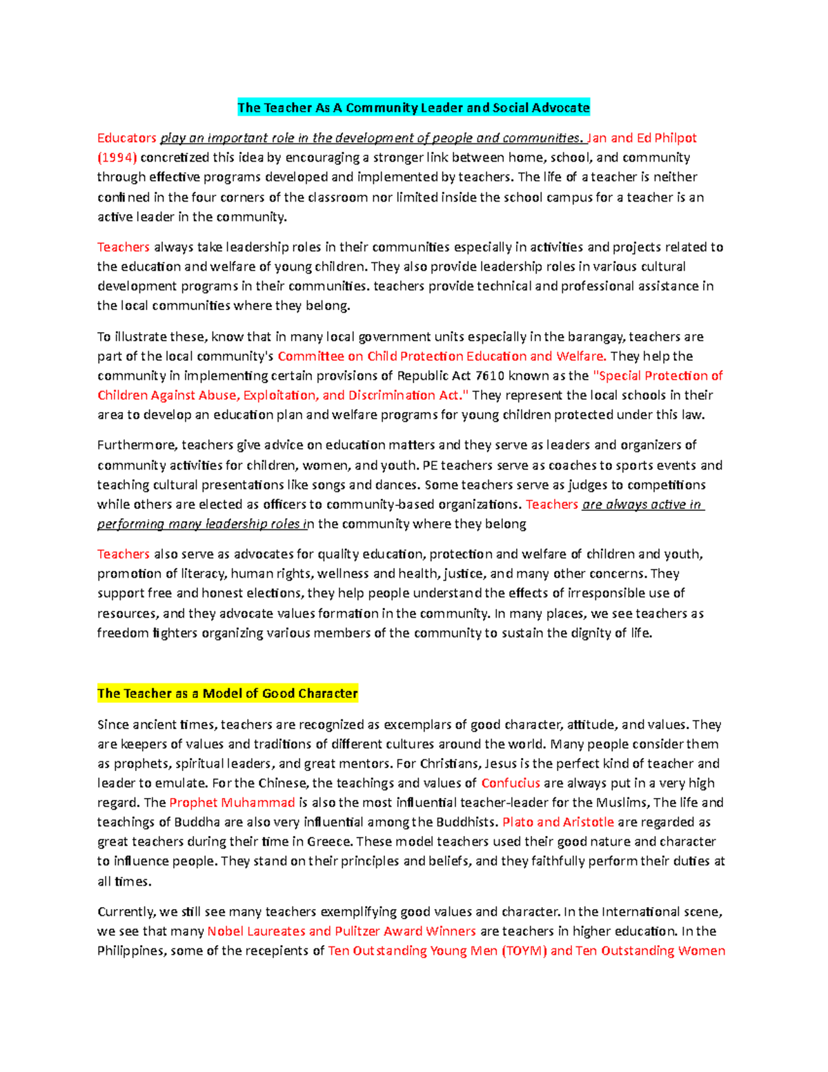 The Teacher As A Community Leader and Social Advocate - Jan and Ed ...