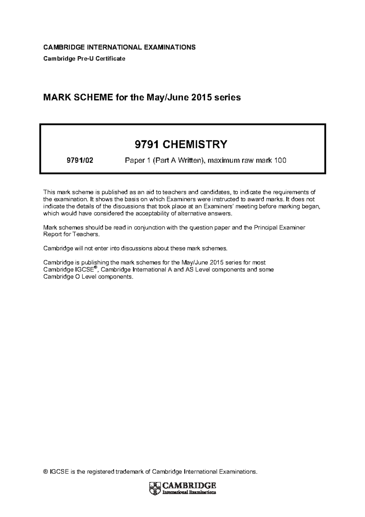 9791 Chemistry 2015 Mark Scheme Paper 2 (Pre-U Level) - Studocu