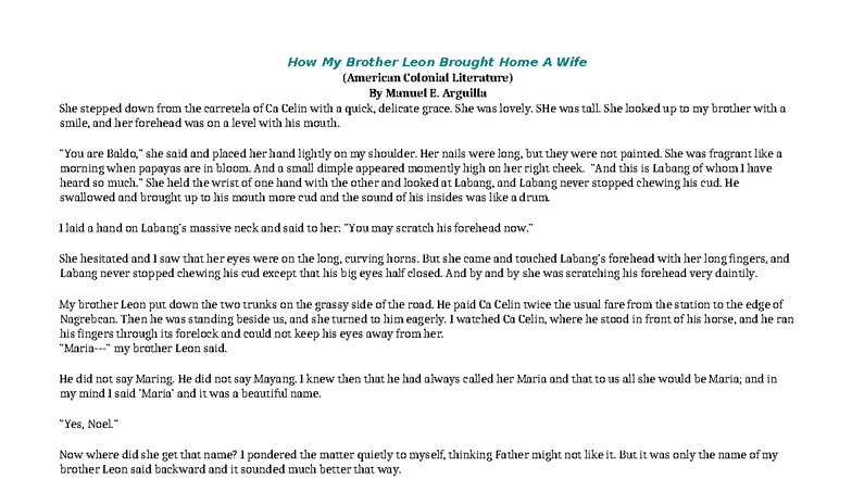 How My Brother Leon Brought Home A Wife (American Lit) - Studocu