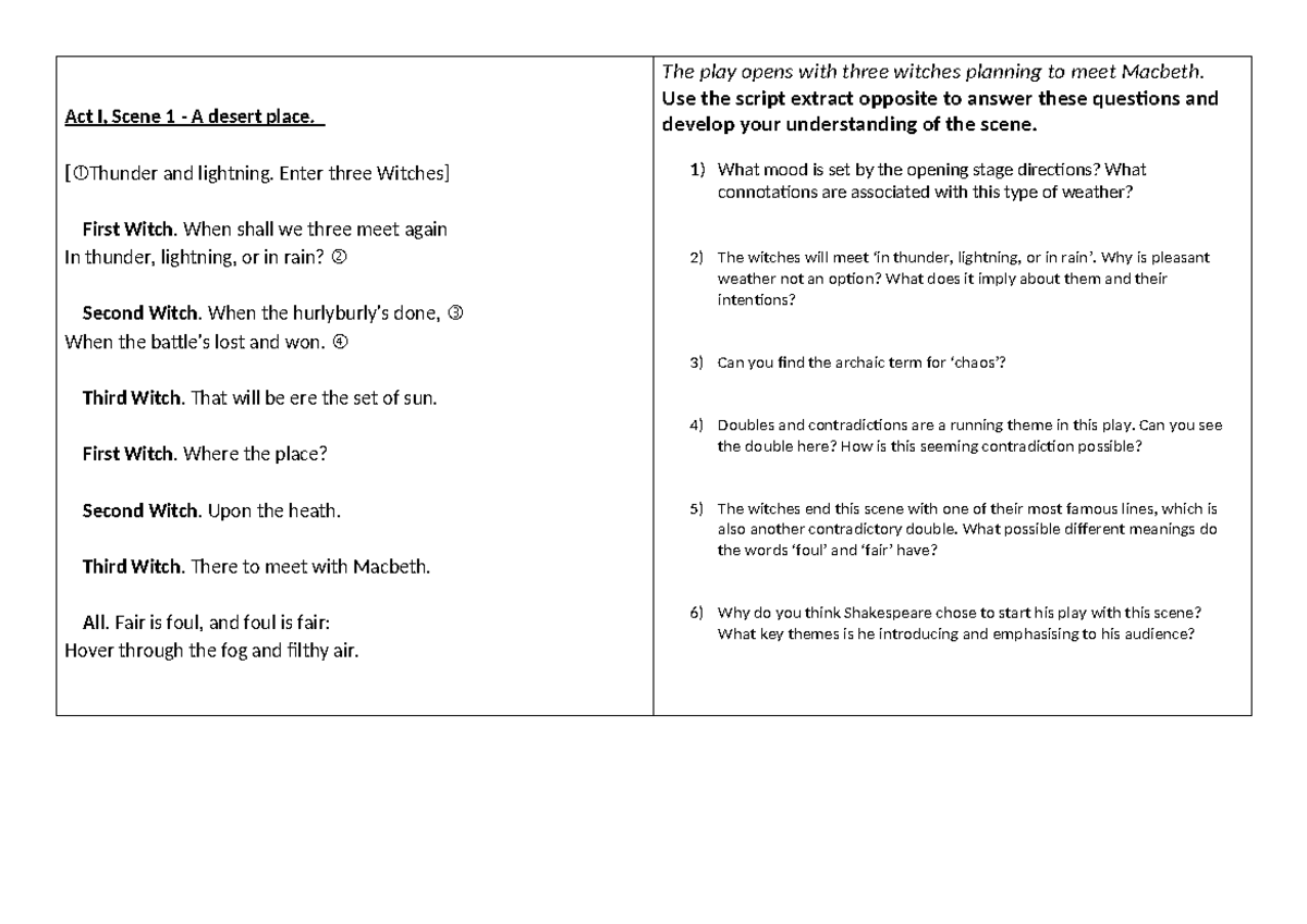 Macbeth Comprehension Sheets: Act 1 Analysis and Insights - Studocu