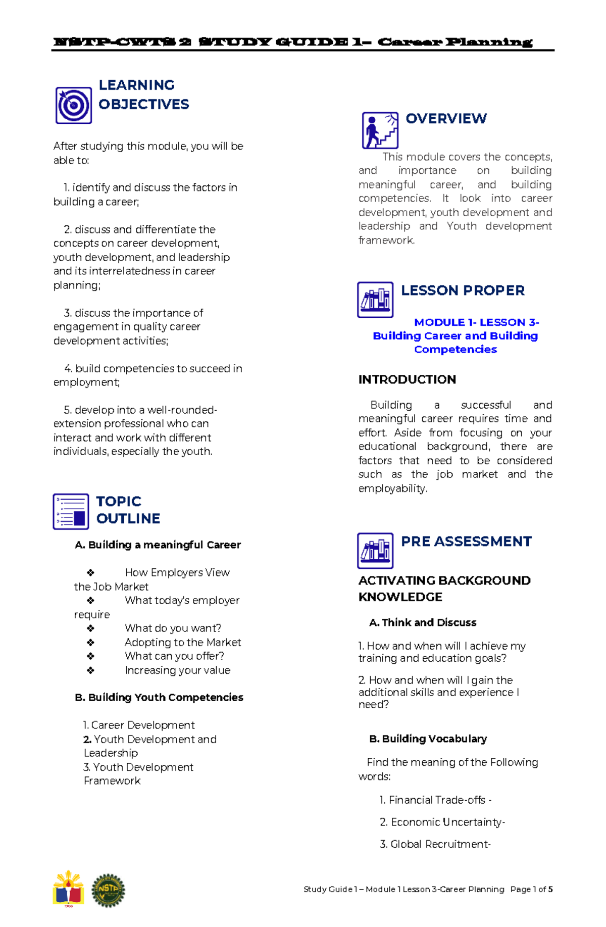 Study-Guide-1-Module-1-Lesson-3-Career-Planning - NSTP-CWTS 2 STUDY ...