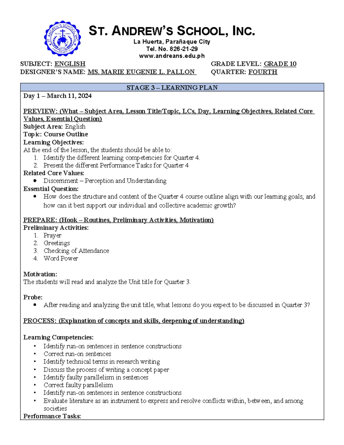 First Quarter Exam TOS for Grade 10 English - Table of Specification ...