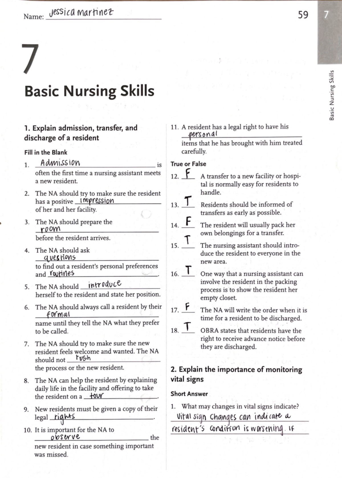 Ch 7 Basic Nursing Skills Workbook: Admissions, Transfers, and Vital ...