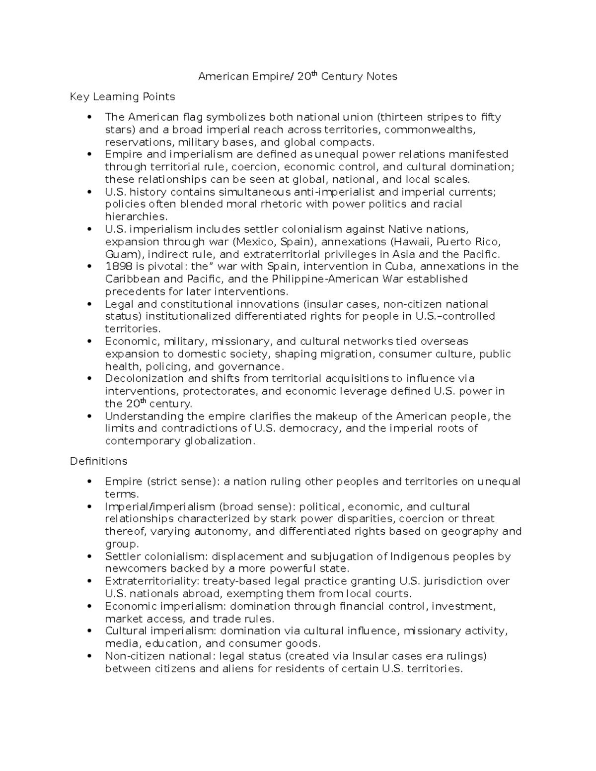 American Empire (HIST 201) - 20th Century Key Learning Points - Studocu