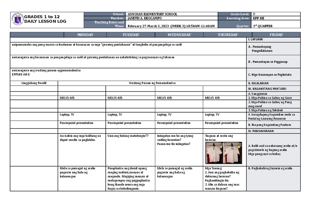 DLL EPP 5 Home Economics Week 3 - GRADES 1 to 12 DAILY LESSON LOG ...