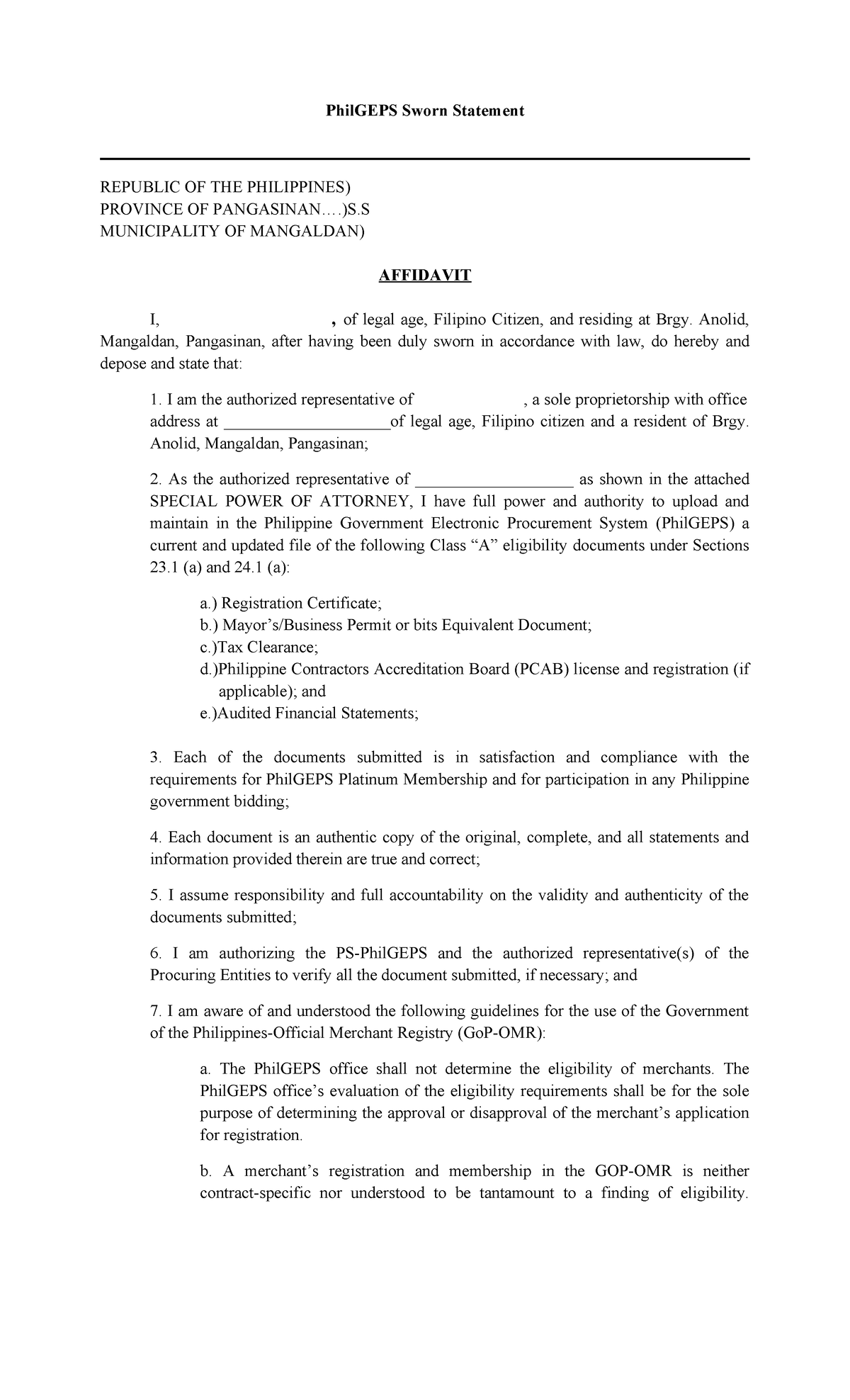 373256068 Phil GEPS Sworn Statement - PhilGEPS Sworn Statement REPUBLIC ...