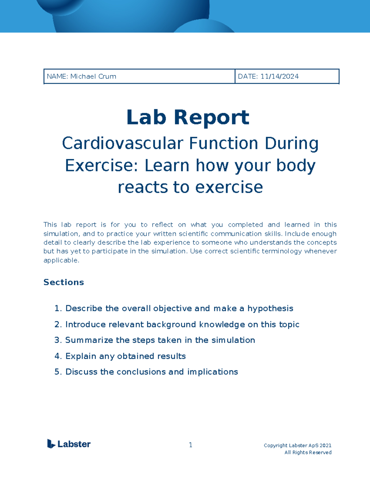 Lab Report: Cardiovascular Function During Exercise (Lab 101) - Studocu
