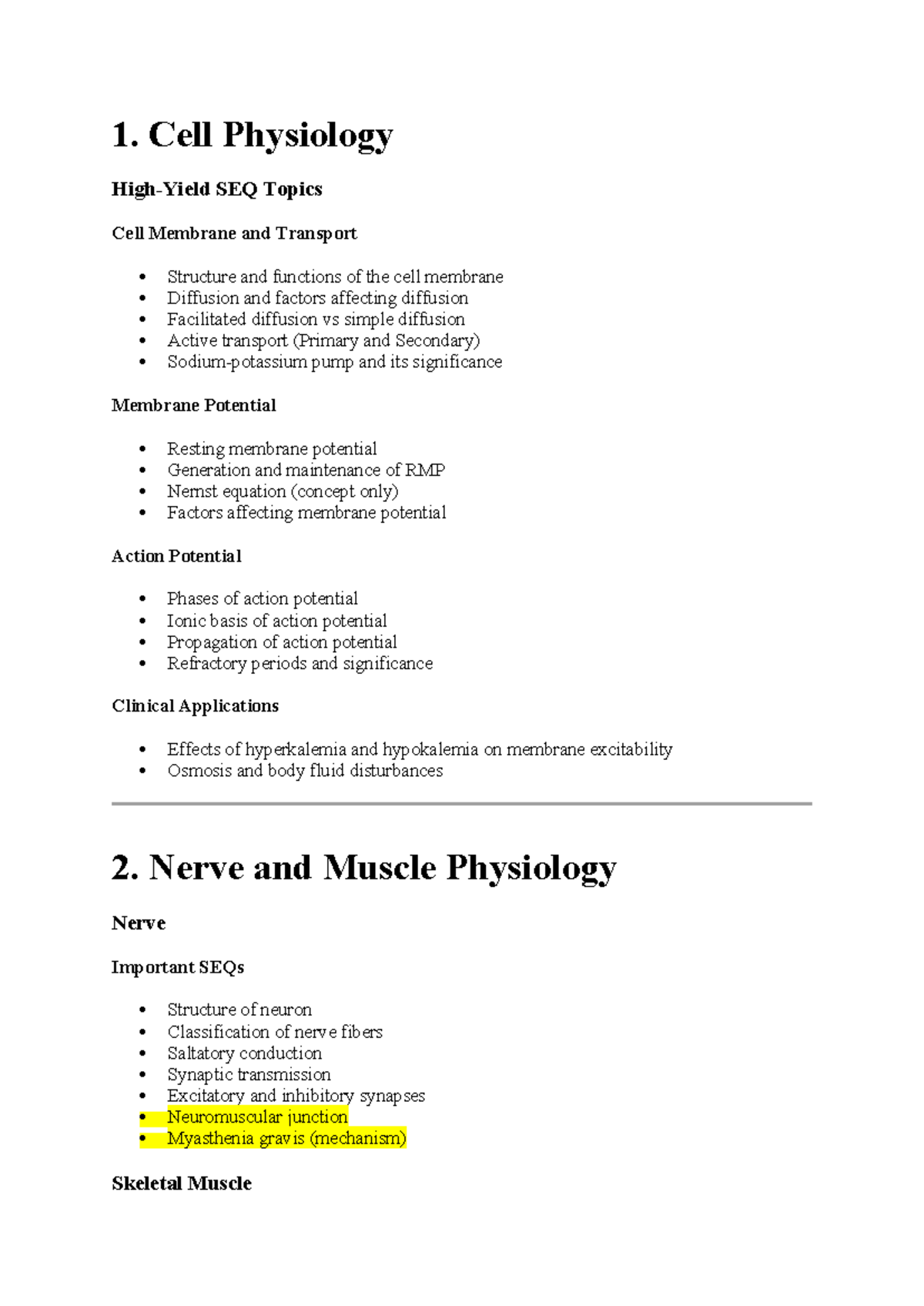 Cell Physiology & Nerve/Muscle Physiology SEQ Topics Overview - Studocu