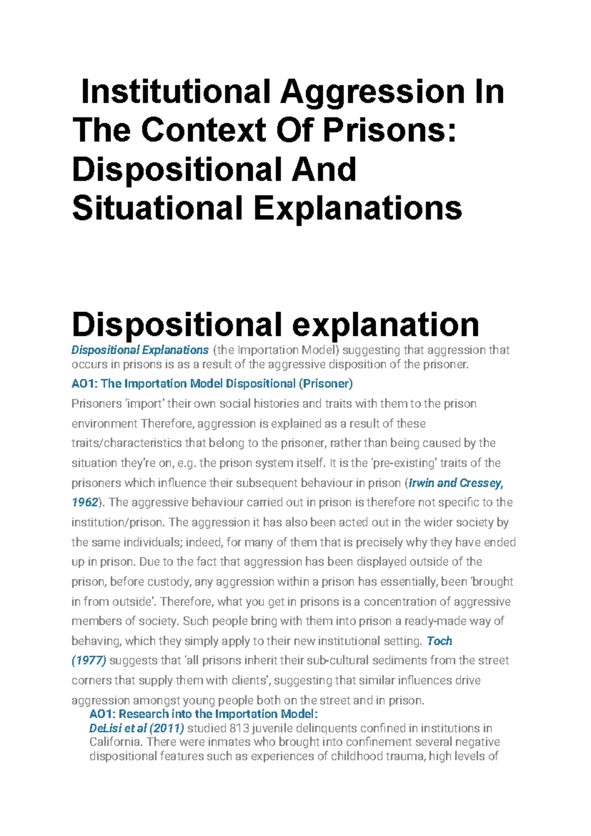 Prison Aggression: Dispositional & Situational Explanations in Context ...