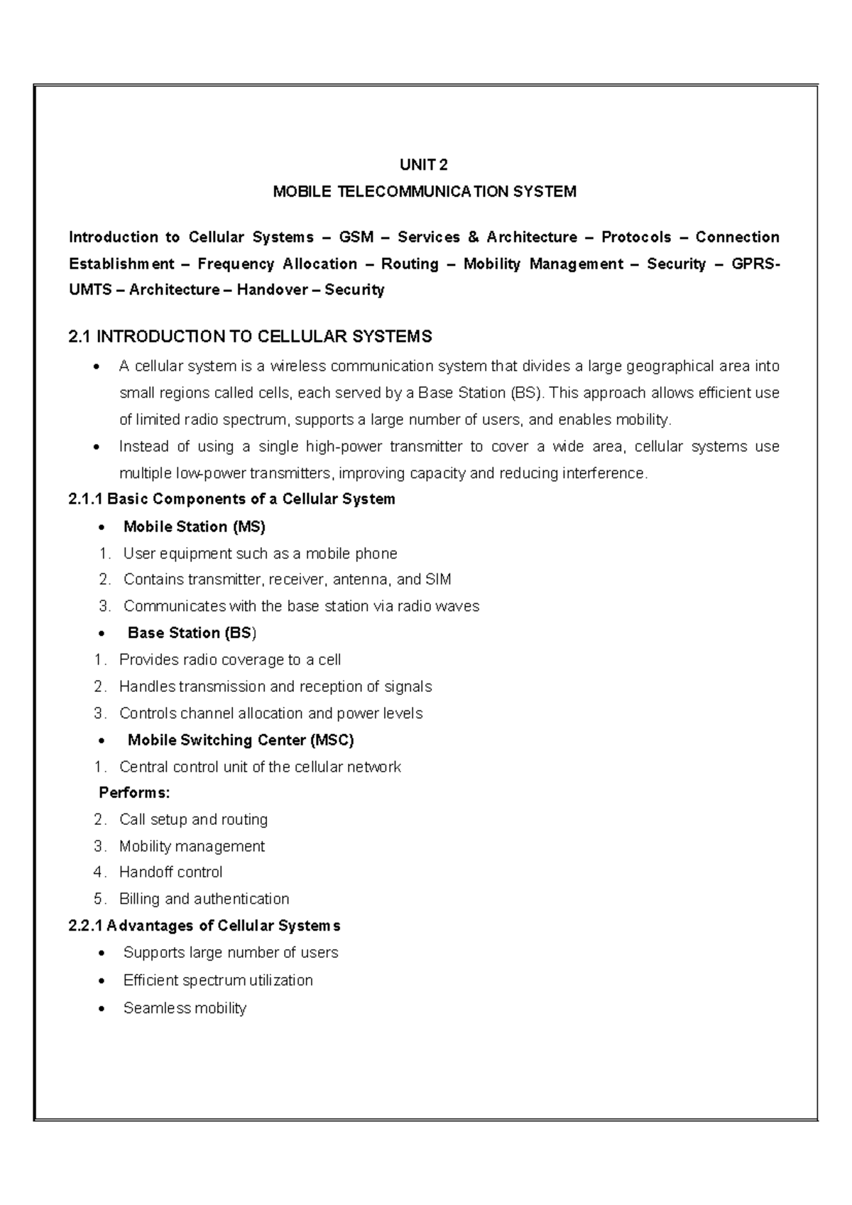 UNIT 2 - MOBILE TELECOMMUNICATION SYSTEMS: GSM Architecture & Services ...