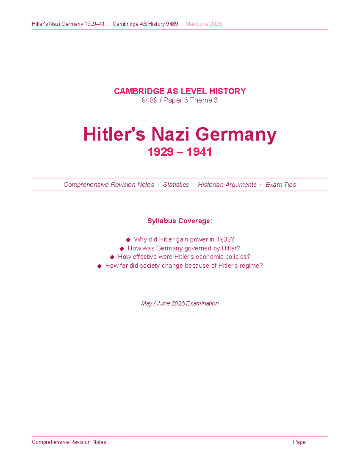 Nazi Germany Revision Notes for Cambridge AS History 9489 (2026) - Studocu