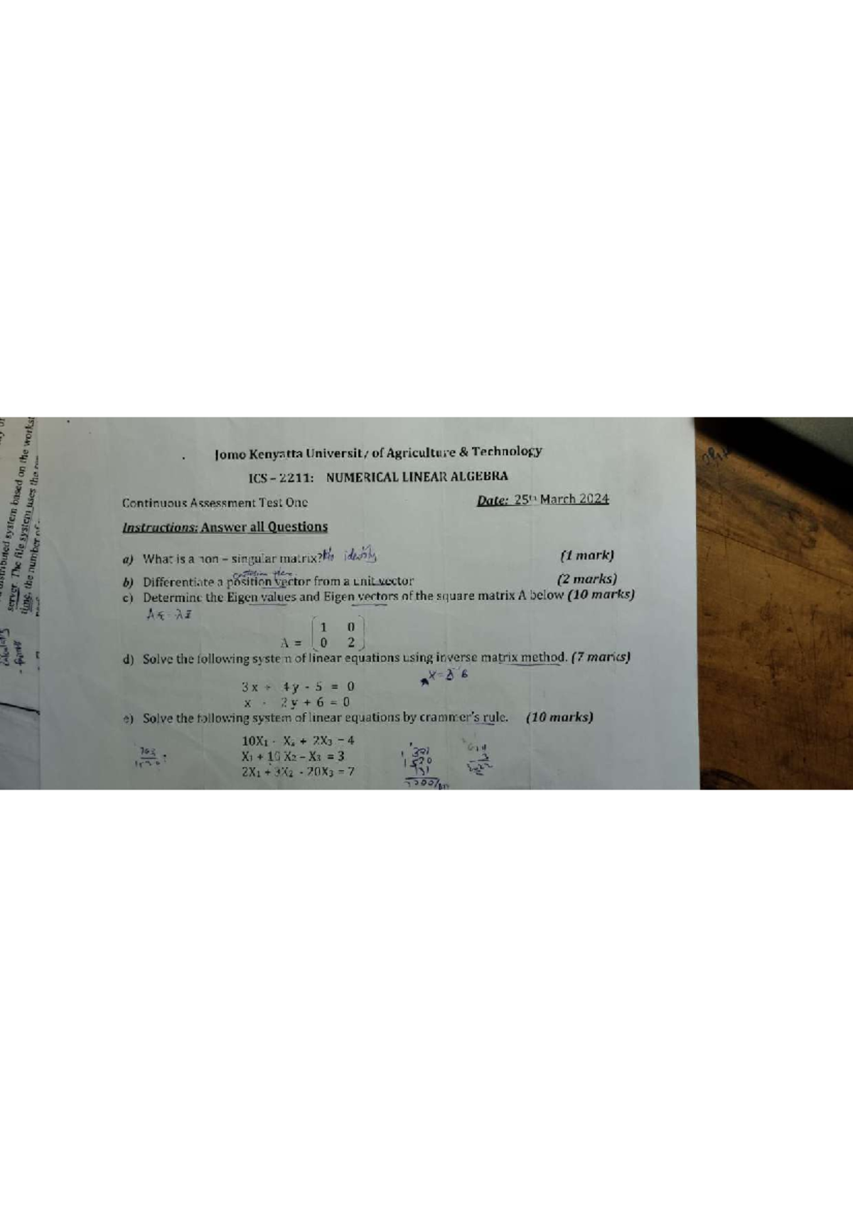 ICS 2211: Linear Algebra I Continuous Assessment Test 1 - Studocu