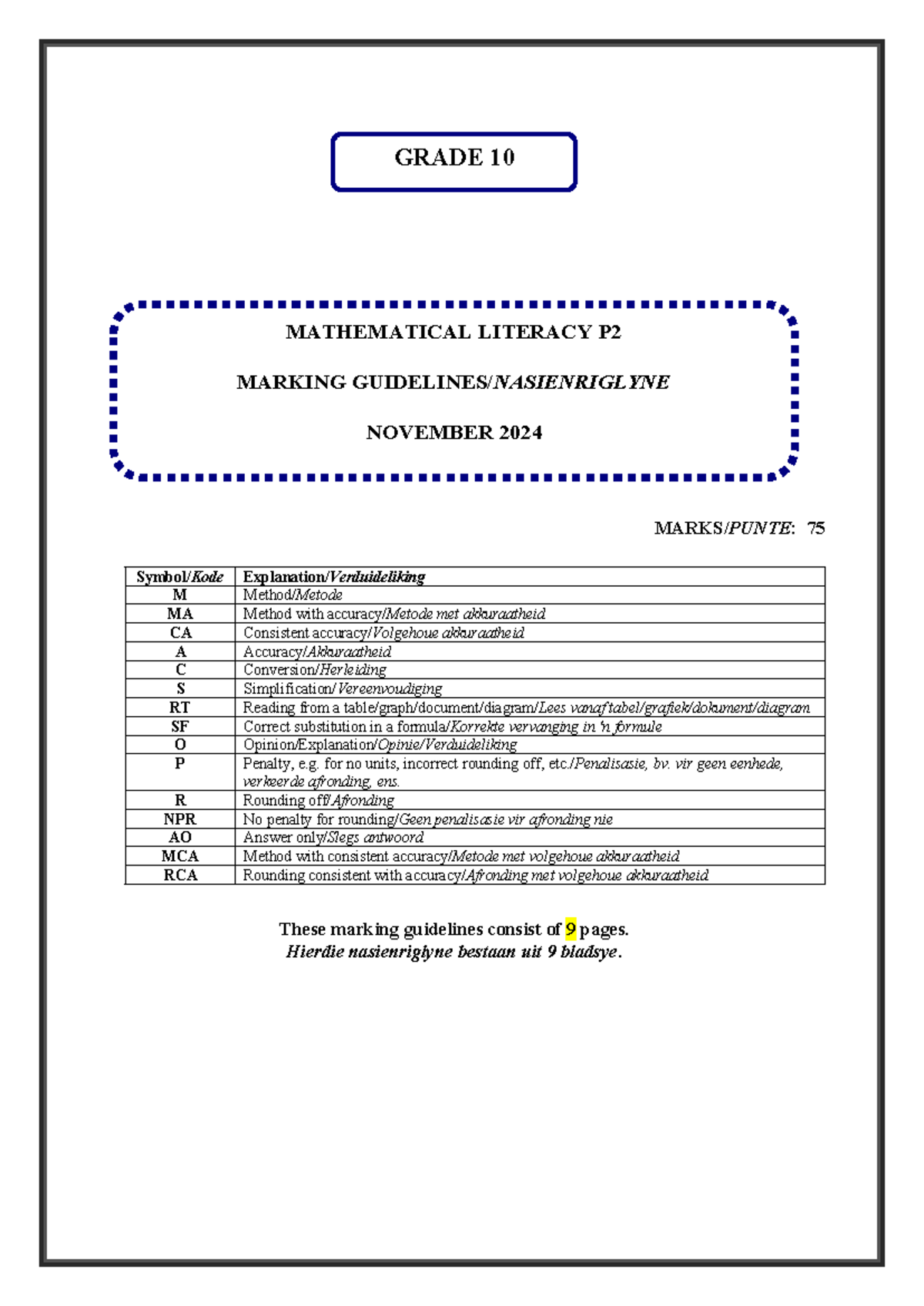 Mathematical Literacy Gr10 P2 Marking Guidelines Nov 2024 - Studocu