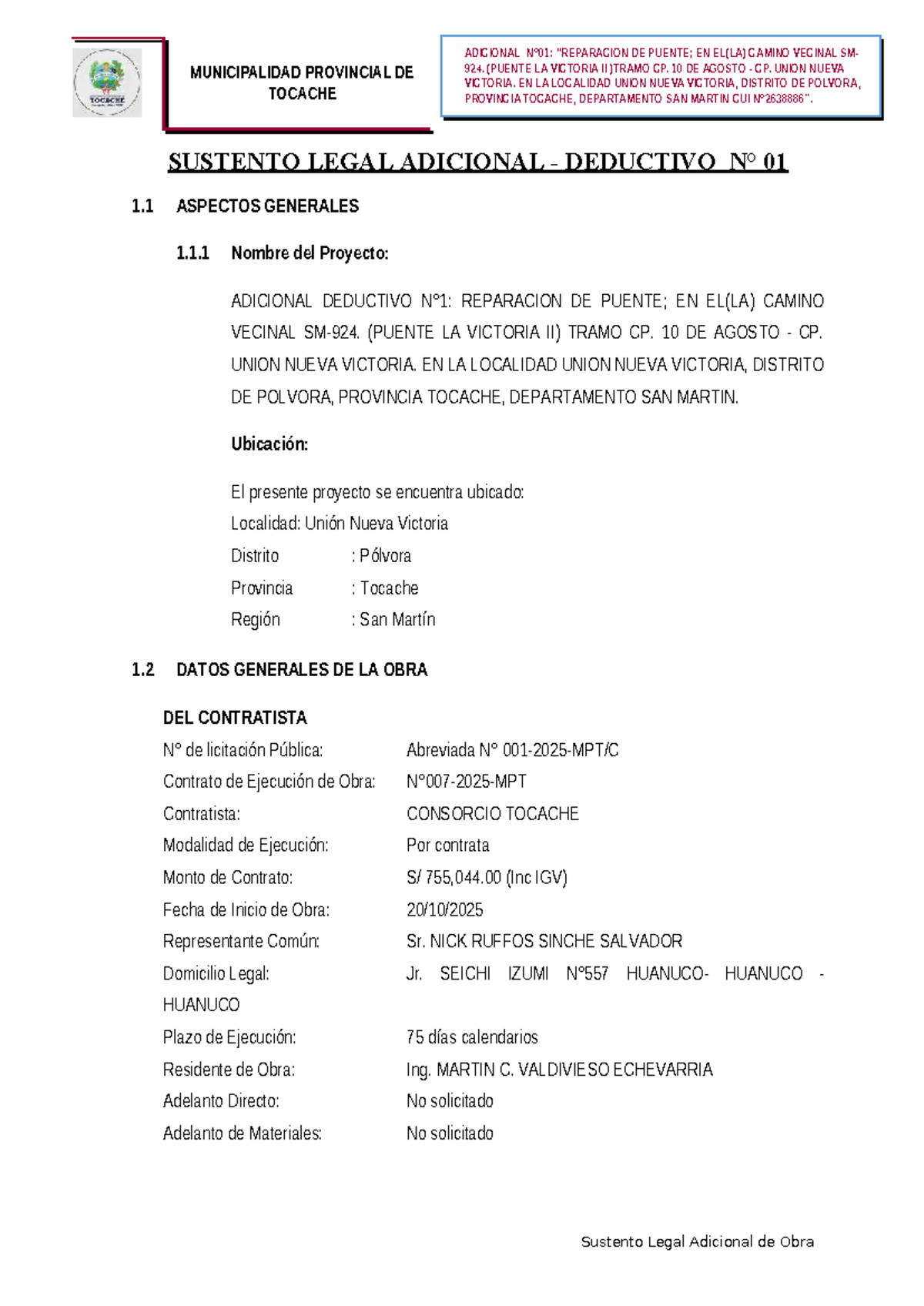 Sustento Legal Adicional de Obra para el Proyecto SM924 - Puente La ...