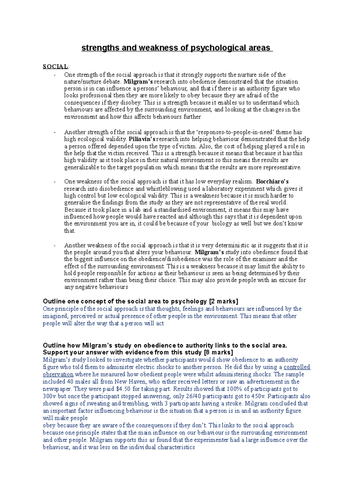 Strengths and weakness of psychological areas - Milgram’s research into ...