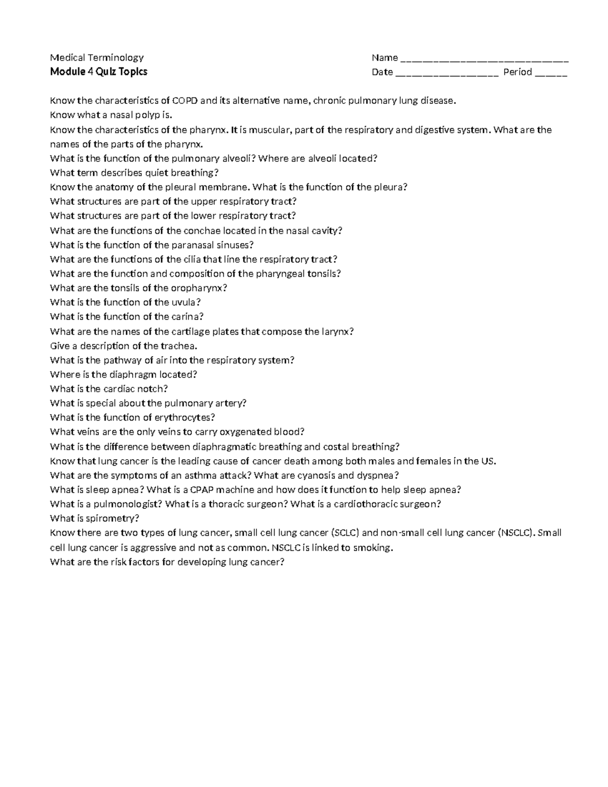 Medical Terminology M4 Quiz: COPD, Respiratory System & Lung Cancer ...