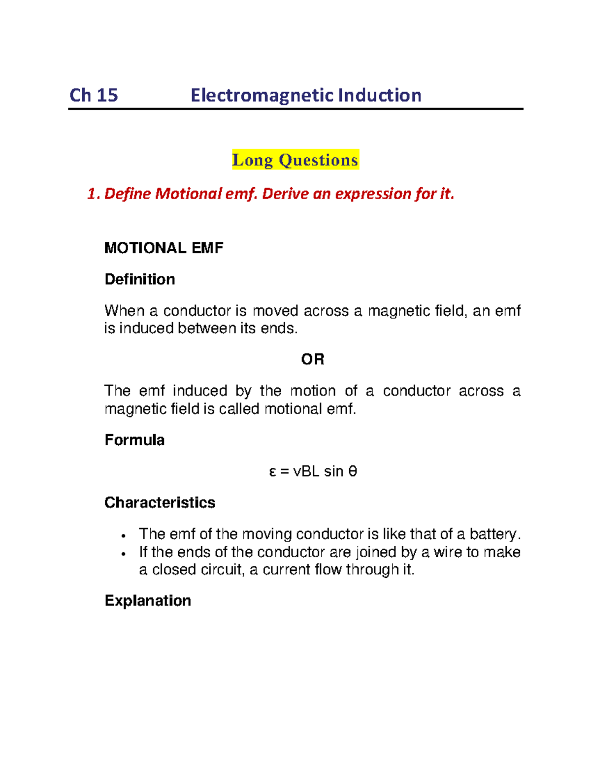 Ch 15 Electromagnetic Induction Long Questions & Concepts - Studocu