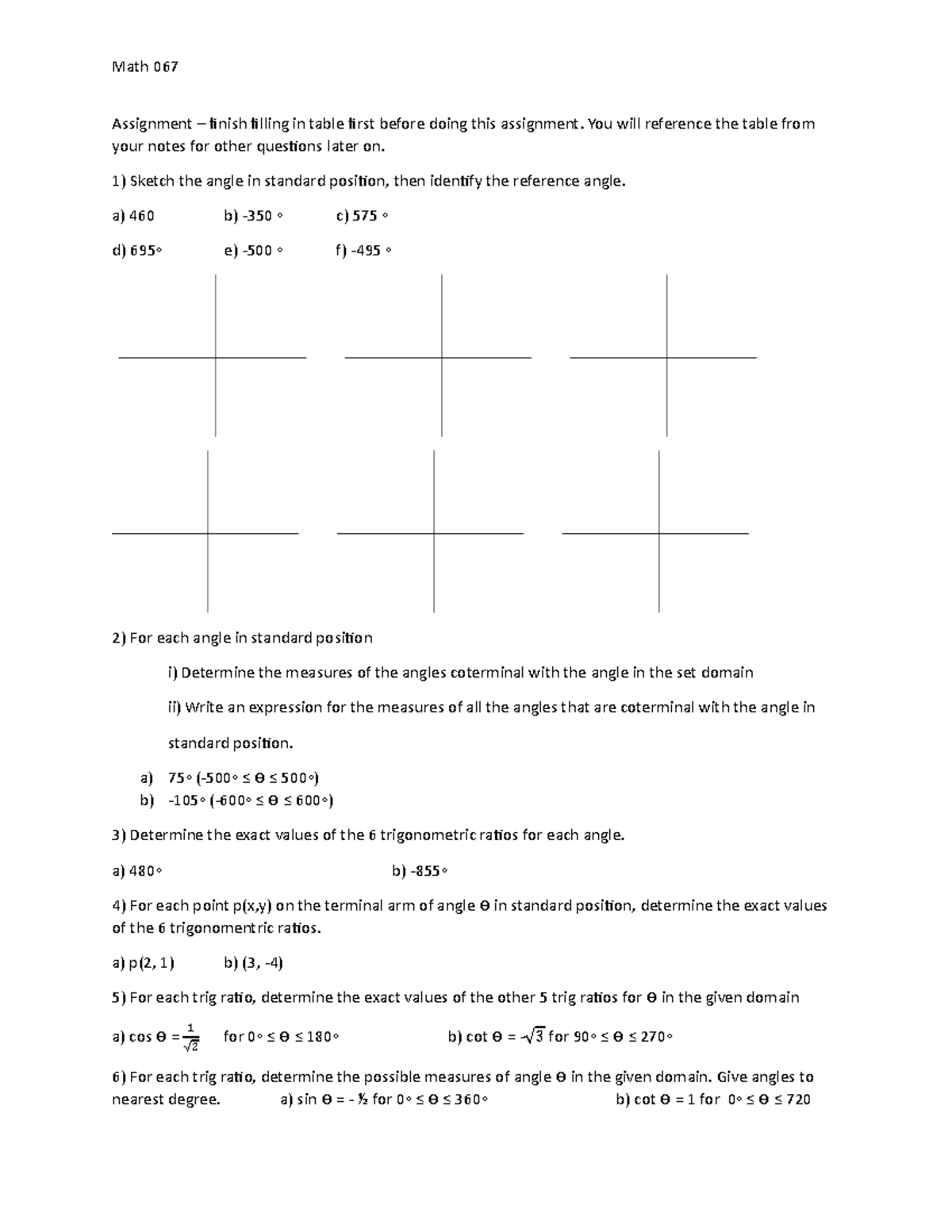 Math 067 Chapter 8 Assignment: Trigonometric Functions & Ratios - Studocu