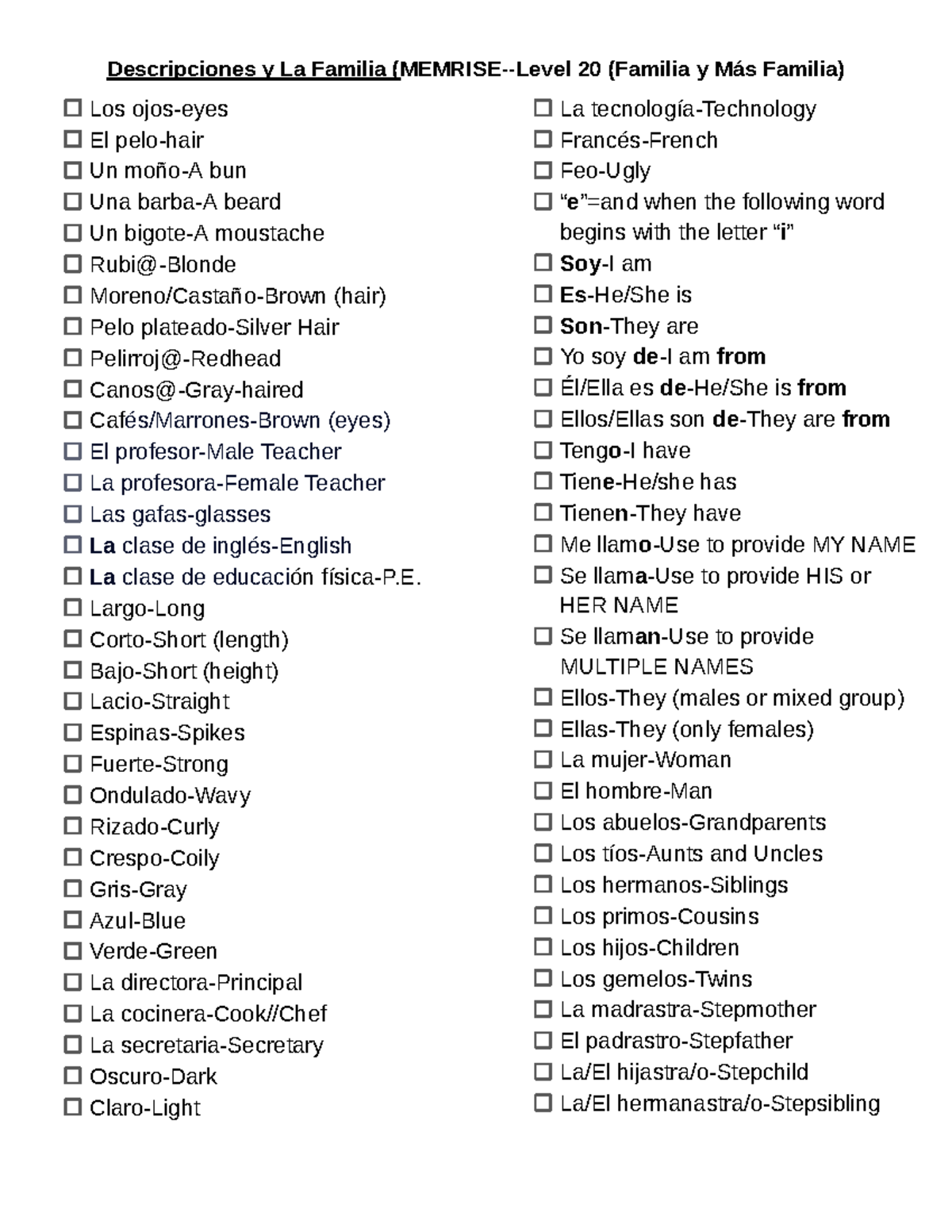 Descriptive Vocabulary-Tener Ser 2024-SP1 - Google Docs - Descripciones ...