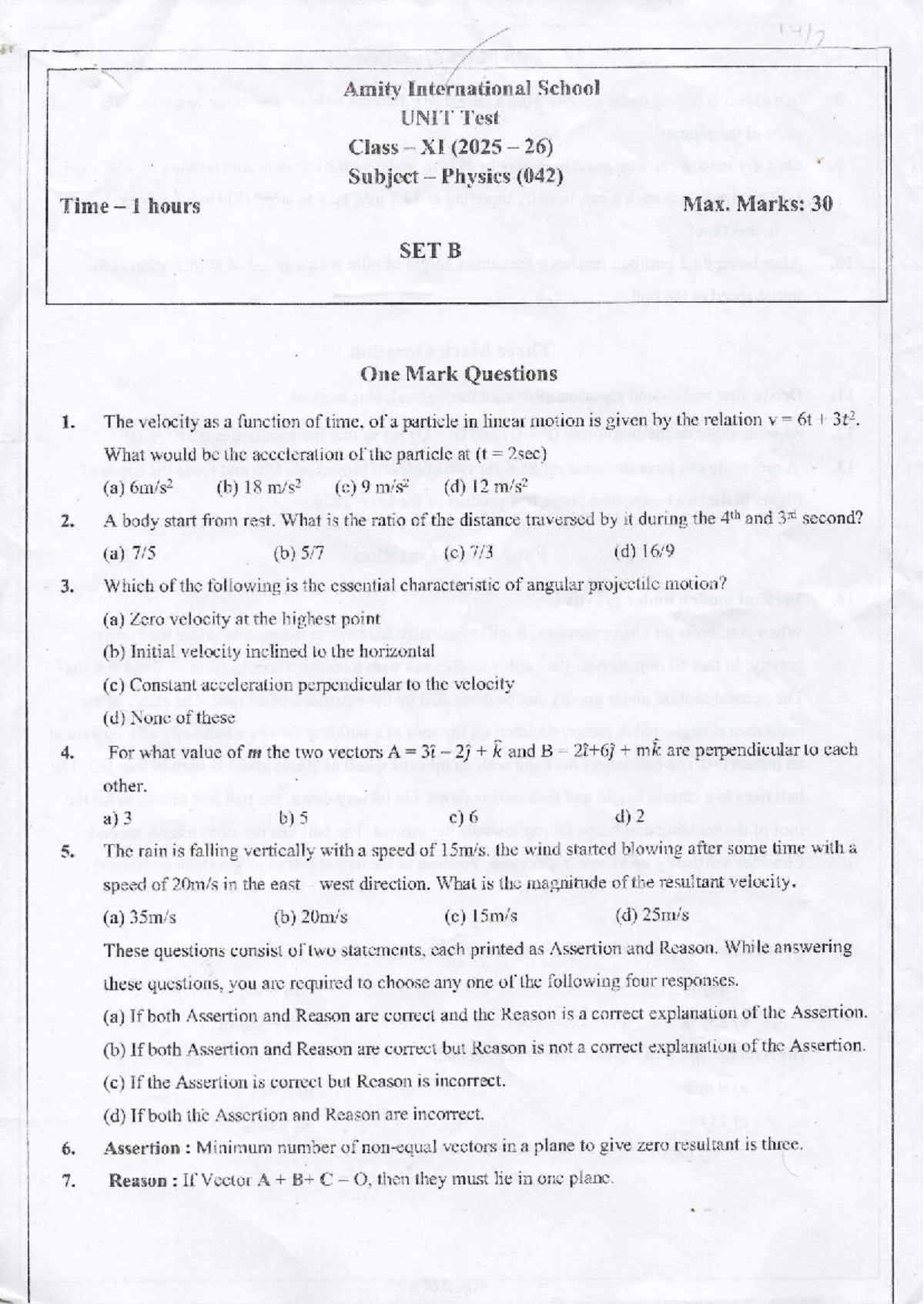 Physics UNIT Test Class XI (042) Set B - 2025-26 - Studocu