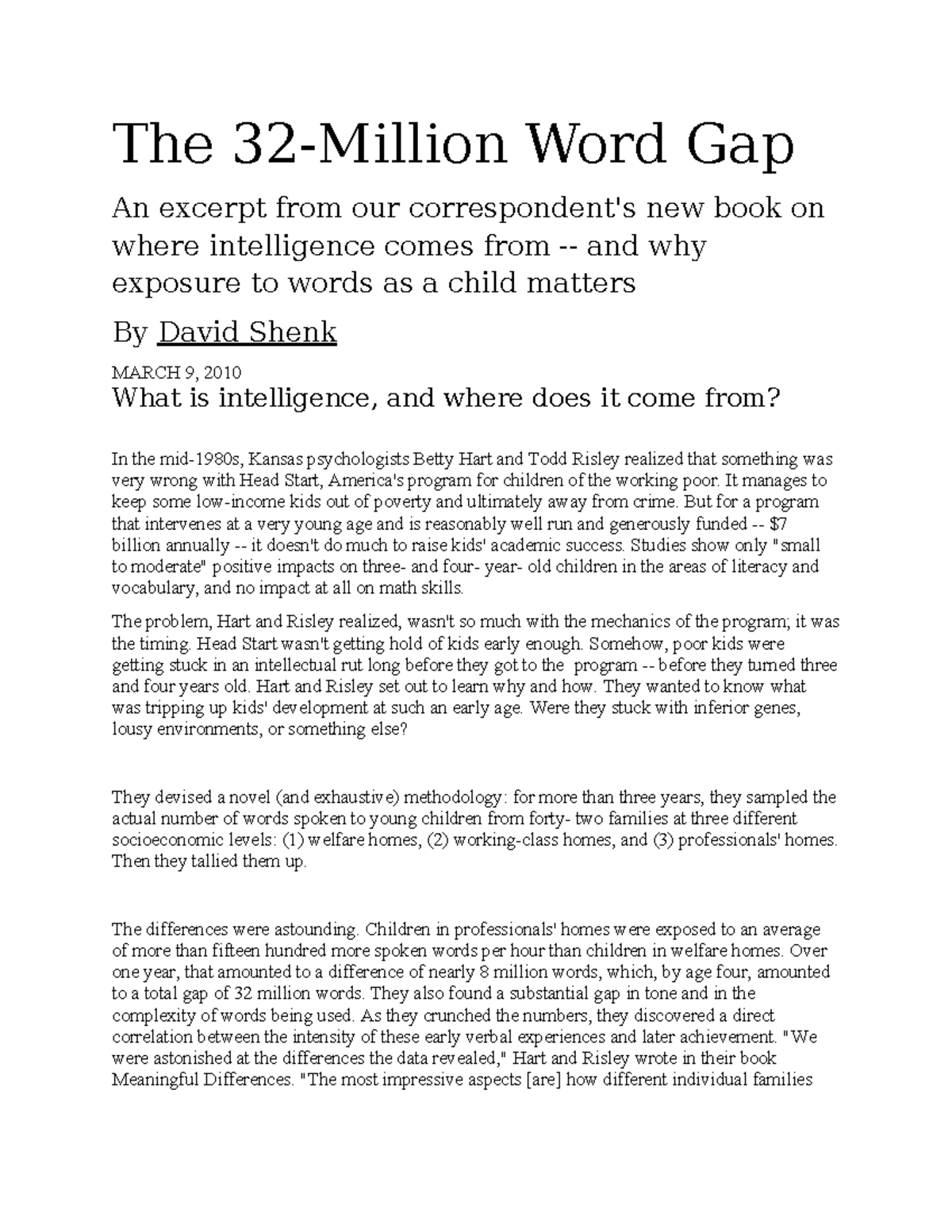 32 Million Word gap - The 32-Million Word Gap An excerpt from our ...