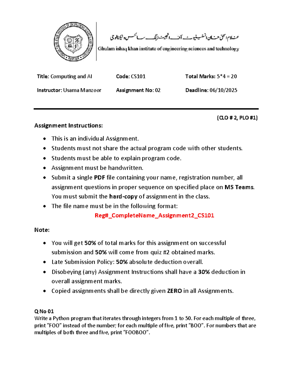 CS101 Assignment 02: Python Program for Multiples of Three and Five - Studocu