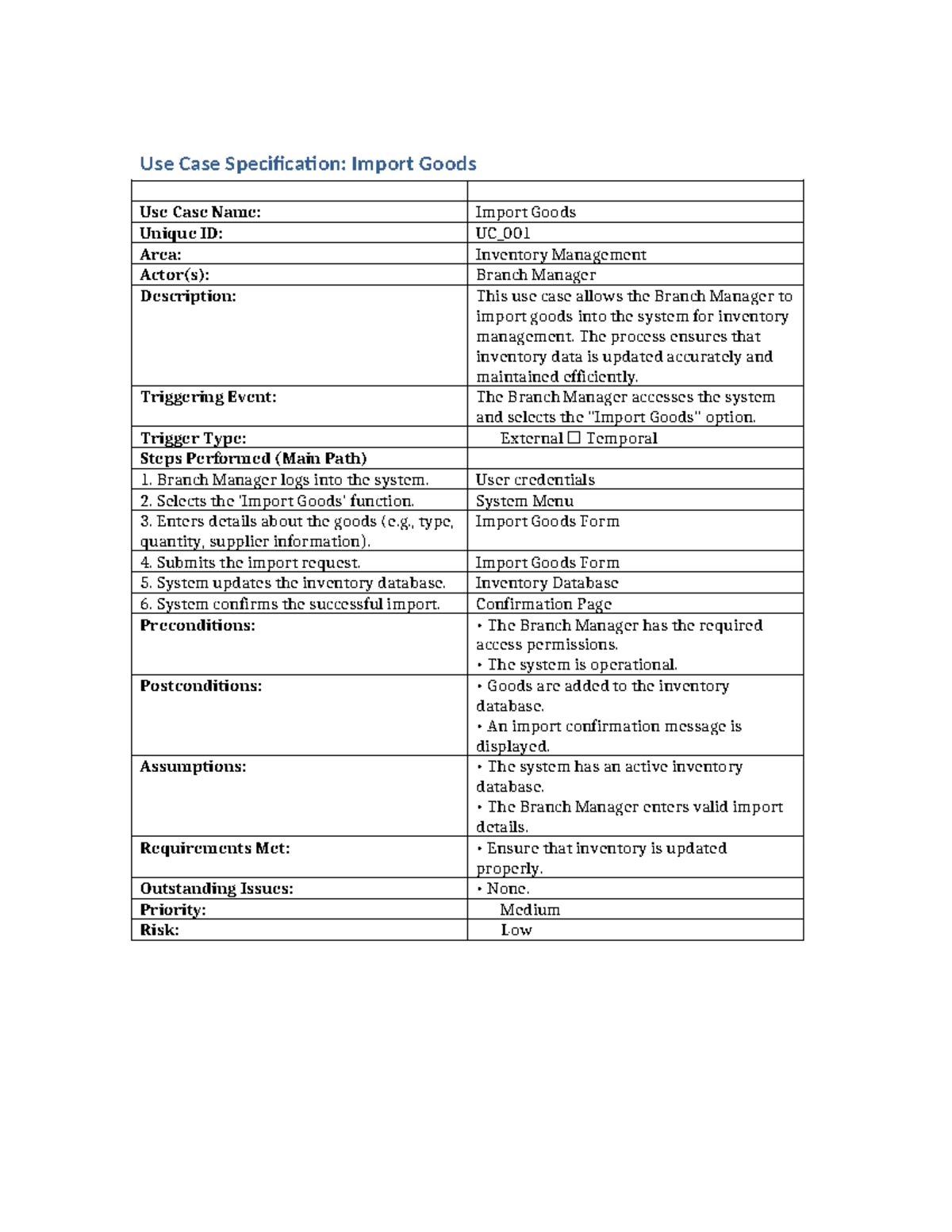 Import Goods Use Case Specification - Inventory Management - Studocu