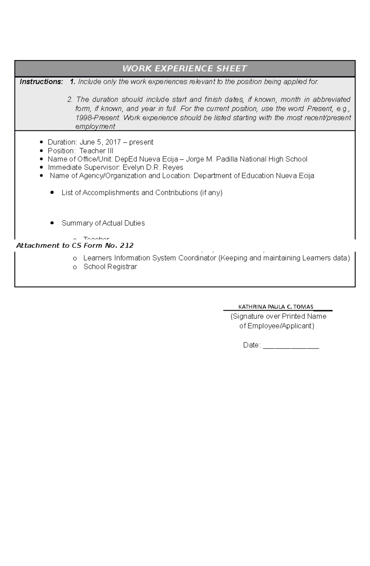 CS Form No. 212: Work Experience Sheet for Employment Application - Studocu