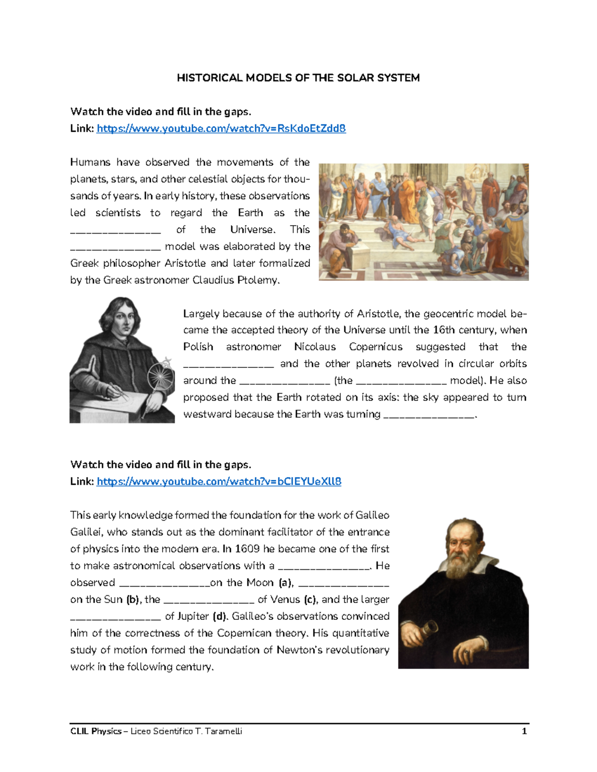 Gravitation student worksheet - HISTORICAL MODELS OF THE SOLAR SYSTEM ...