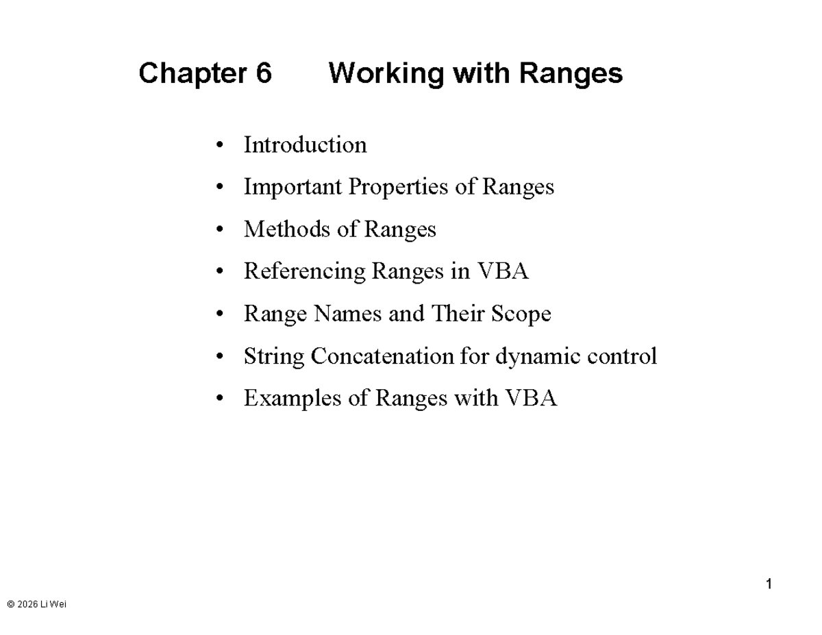 Course_Notes3_Ch6: Working with Ranges in VBA - Studocu