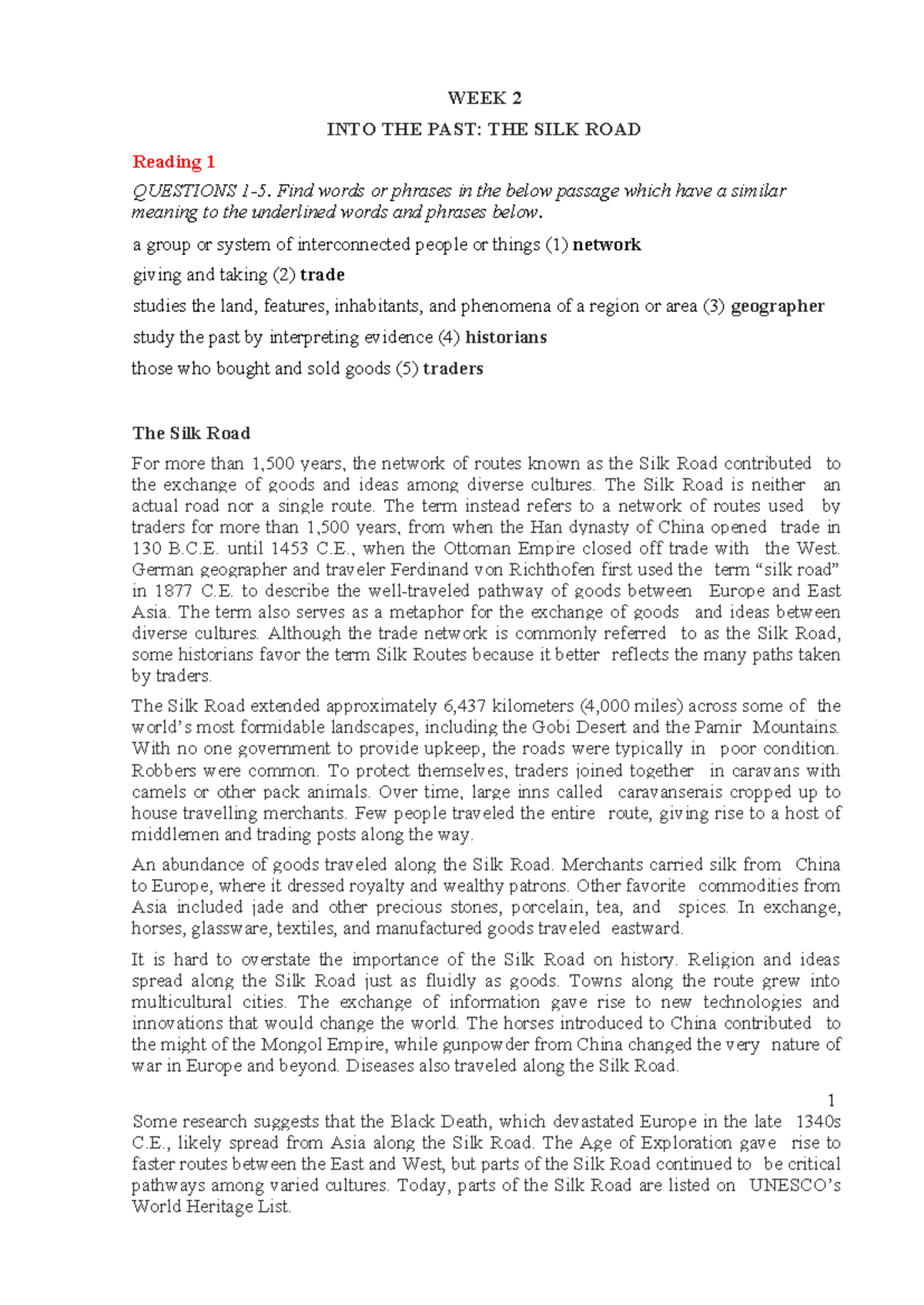 HW Into the past the Silk Road - WEEK 2 INTO THE PAST: THE SILK ROAD ...