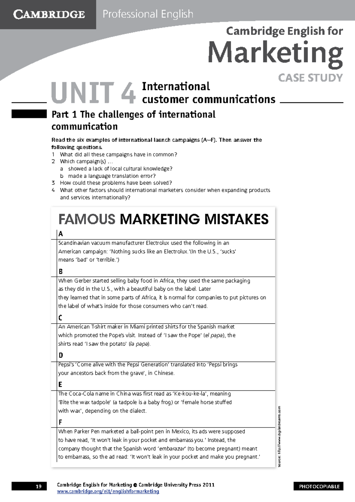 Professional English: Cambridge Marketing Unit 4 - Intl. Customer Comm ...