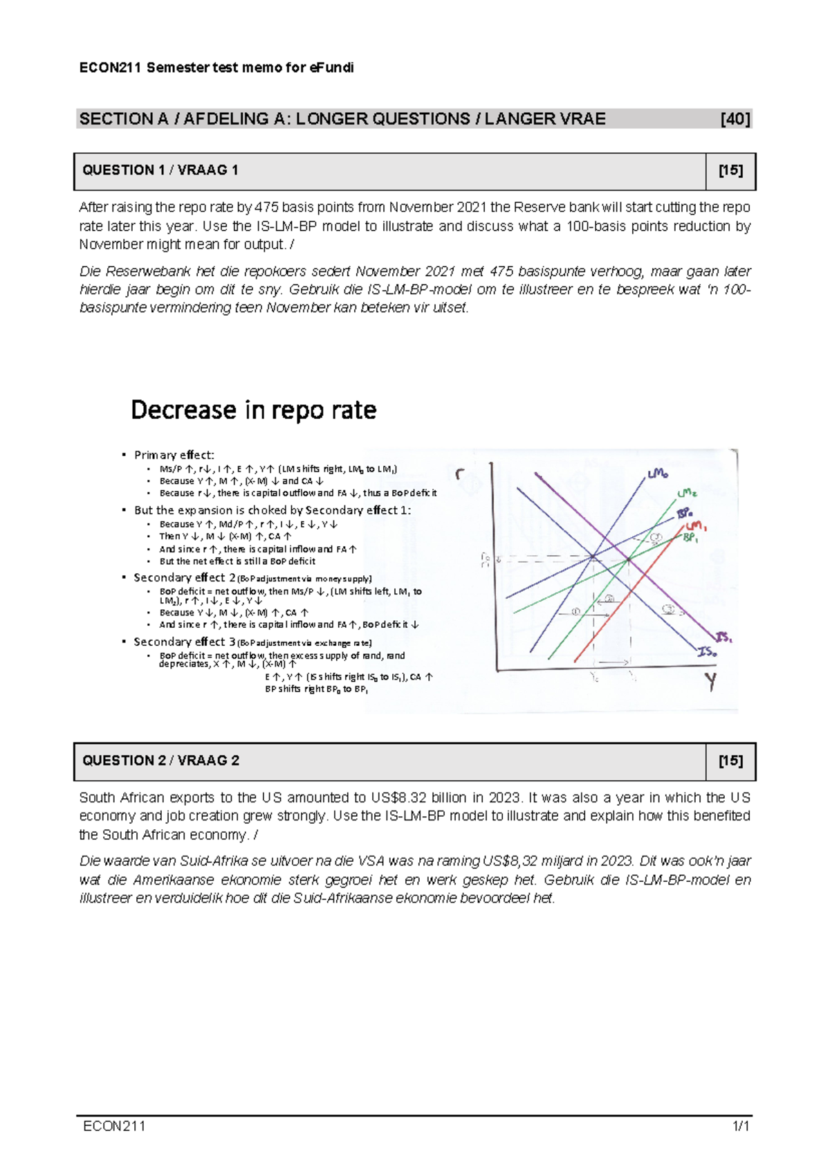 ECON211 Semester Test Memo: IS-LM-BP Analysis and Effects - Studocu